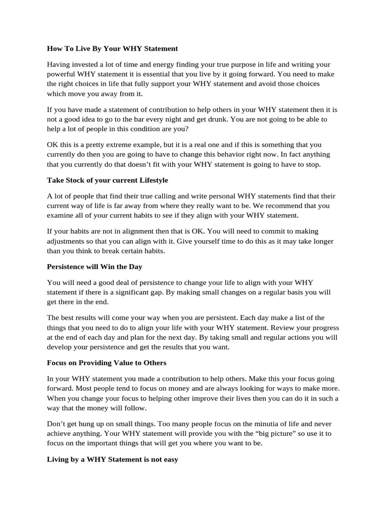Article - Living by Your WHY Statement | PDF | Psychology | Behavioural ...
