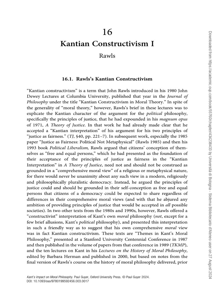 GUYER - Kantian Constructivism I - Rawls | PDF | Immanuel Kant | John Rawls