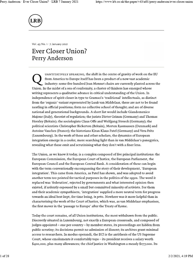 Perry Anderson Ever Closer Union | PDF