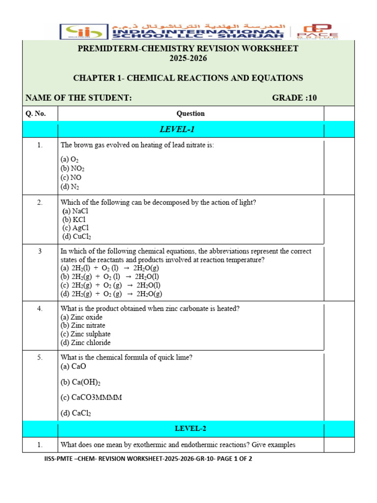 CH-1 Revision Worksheet-1 | PDF | Chemical Reactions | Salt (Chemistry)
