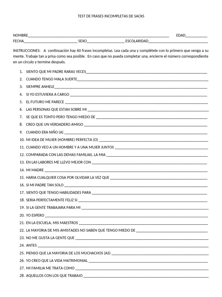 Test de Frases Incompletas Sacks | PDF