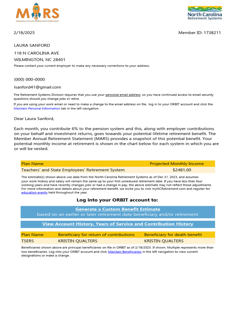 LAURA SANFORD_MARS-Member Annual Retirement Statement_2023 | PDF ...