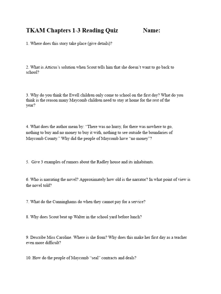 TKAM Chapters 1-3 Reading Quiz A | PDF