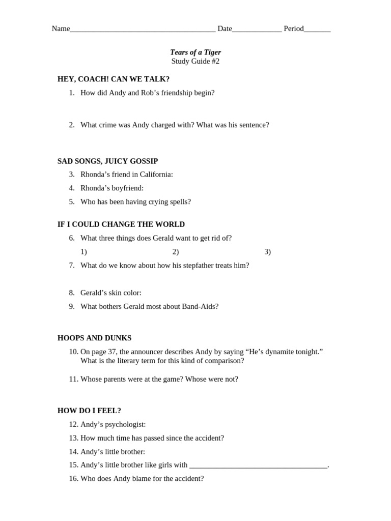 Tears of A Tiger Study Guide 2 | PDF