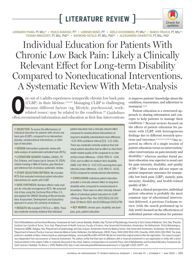 Piano Et Al 2025 Individual Education For Patients With Chronic Low ...