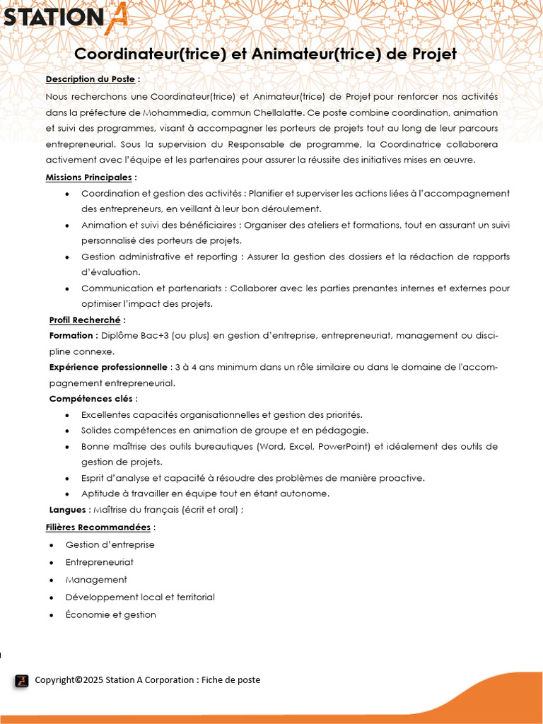 Fiche de Poste : Coordinateur de Projet | PDF