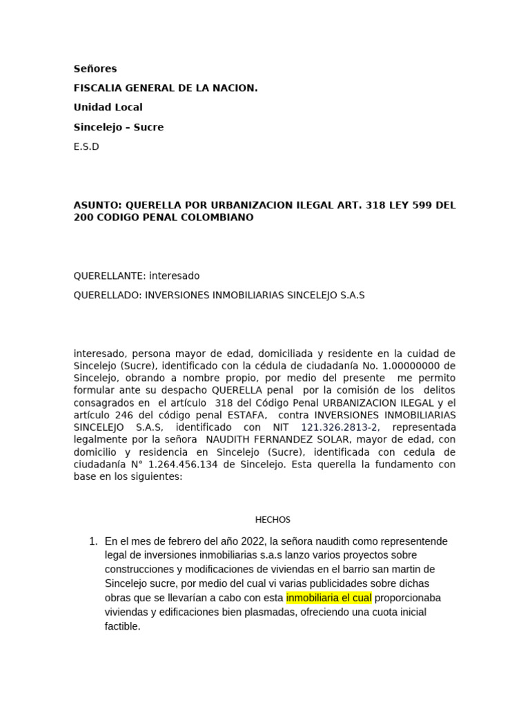 Modelo QUERELLA Proceso Penal Abreviado | PDF | Queja