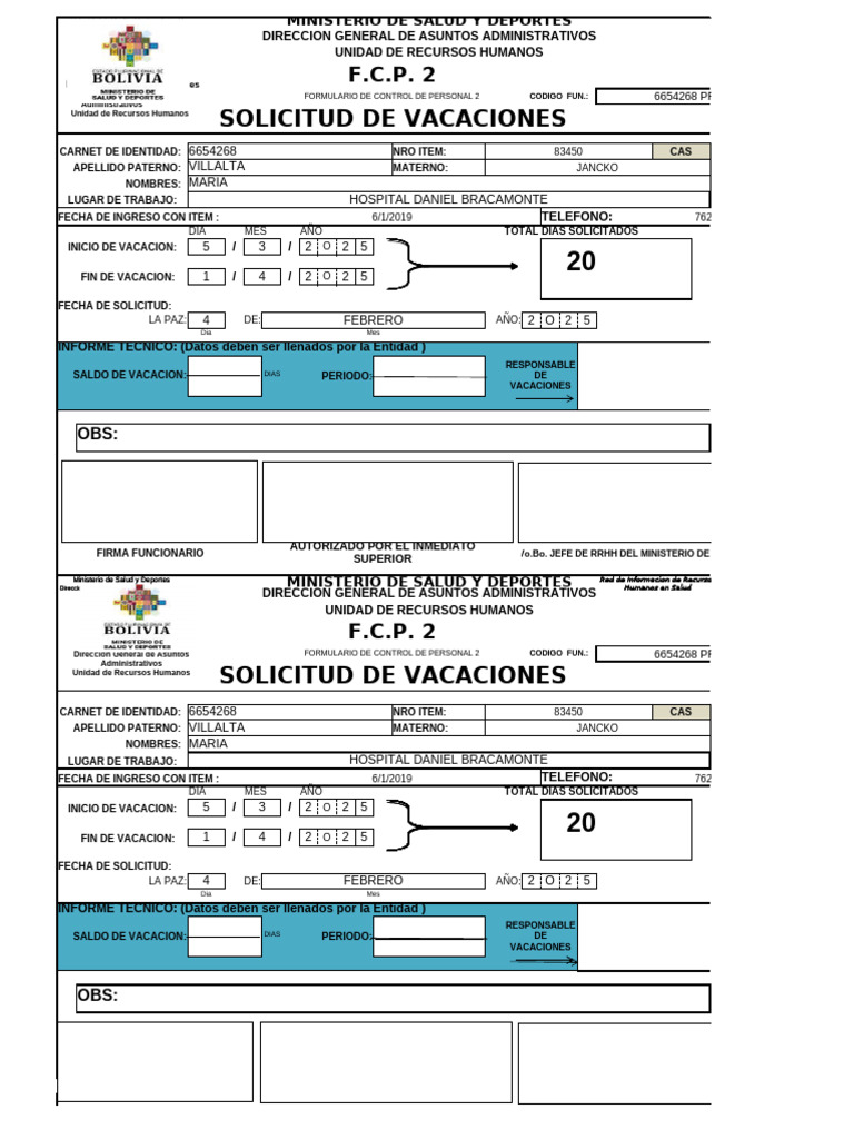 Formulario Vacaciones | PDF