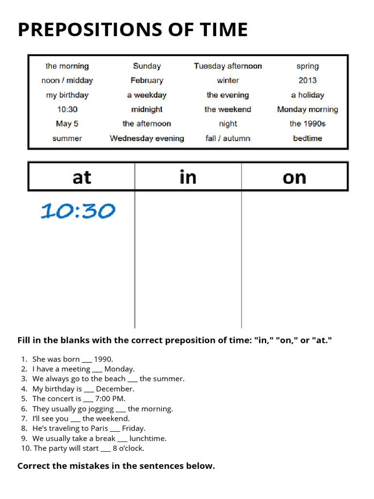 Homework Prepositions of Time | PDF