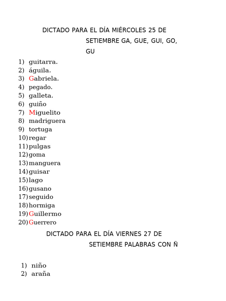 Dictado: Palabras con go y ñ | PDF