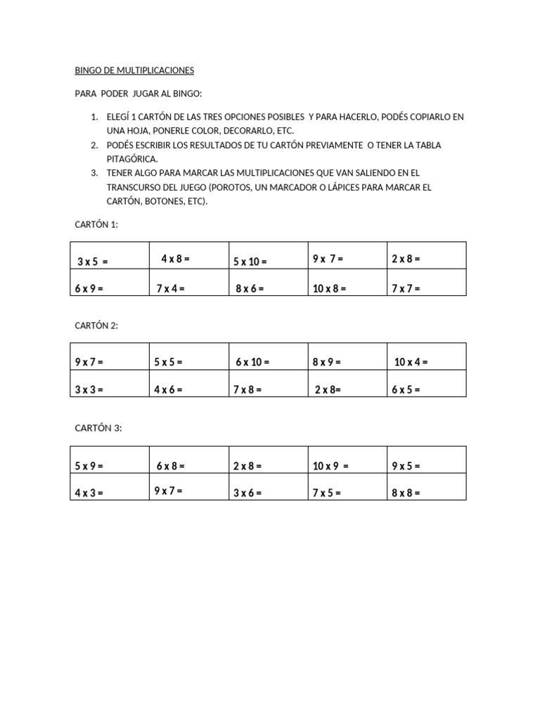 Bingo de Multiplicaciones Imprimible | PDF