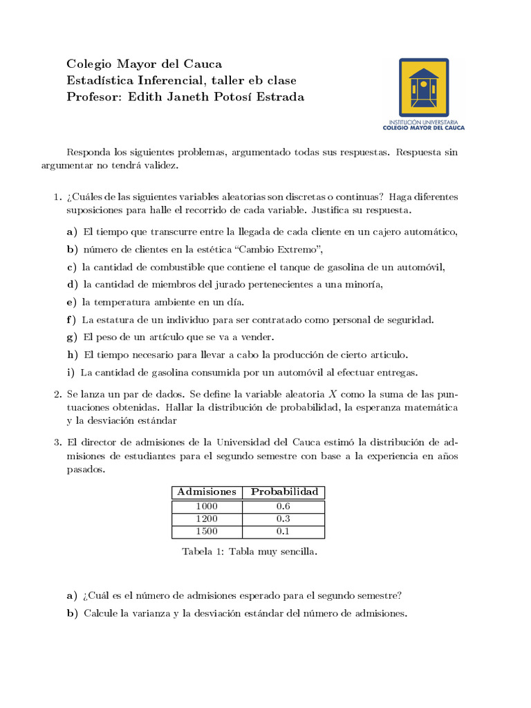 Taller3_estadistica_2024_1_periodo | PDF | Desviación Estándar | Probabilidad