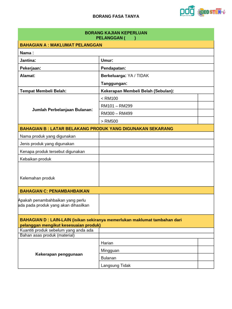 Borang Kajian Keperluan Pelanggan (Fasa Tanya) | PDF