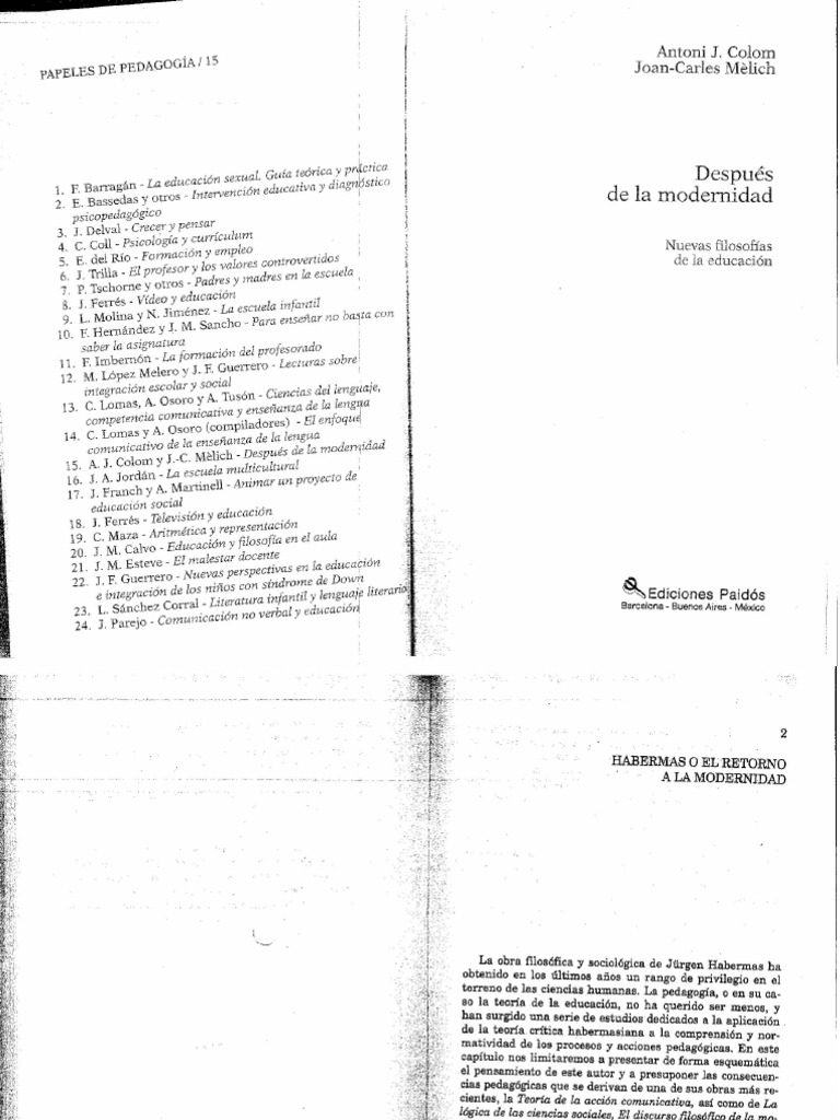 Colom y Melich - Habermas o El Retorno de La Modernidad - 1995 | PDF