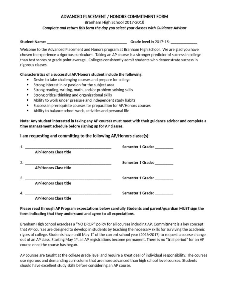 AP/Honors Commitment Form 2017-18 | PDF | Advanced Placement | Learning