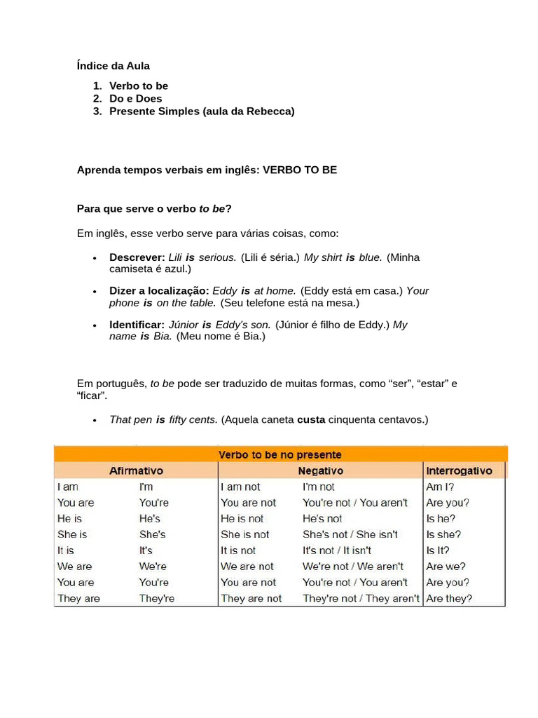 1 - Verbo To Be, Do-Does, Present Simples | PDF | Linguística | Morfologia linguística