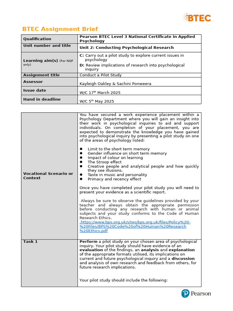 Unit 2 Assignment Brief Task 3 2025 | PDF | Psychology | Inquiry