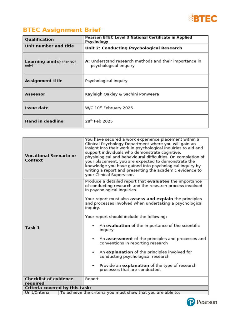 Unit 2 Assignment Brief Task 1 2025 | PDF | Psychology | Behavioural ...