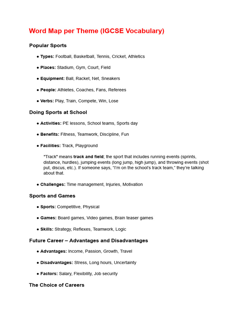 IGCSE Vocabulary-Word Maps | PDF | Track And Field | Sports