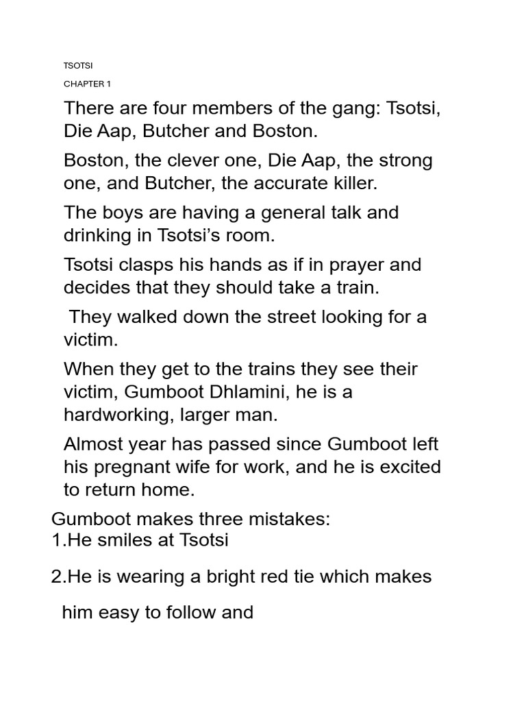 Tsotsi. Chapt 1 To 4 | PDF