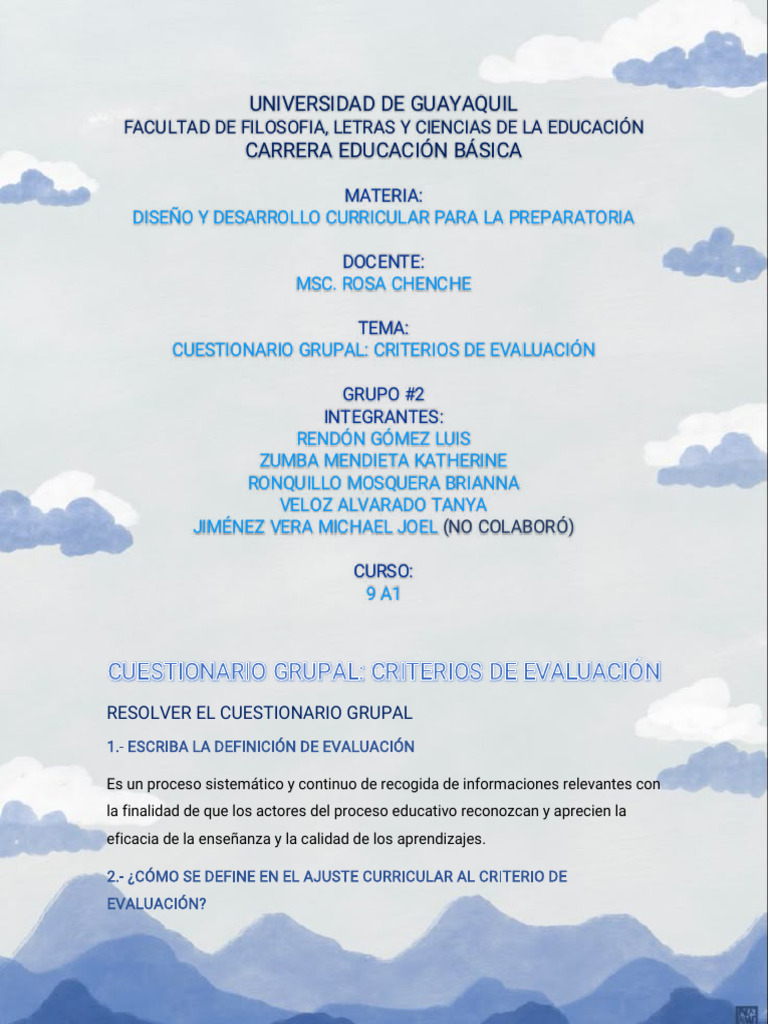 Cuestionario Grupal Criterios de Evaluación Grupo#2 | PDF | Evaluación | Plan de estudios