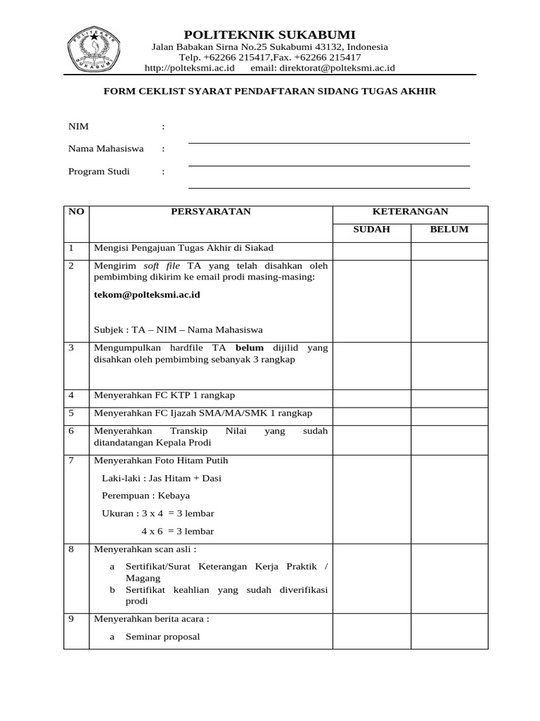 FORM CEK LIST SYARAT PENDAFTARAN SIDING TUGAS AKHIR | PDF