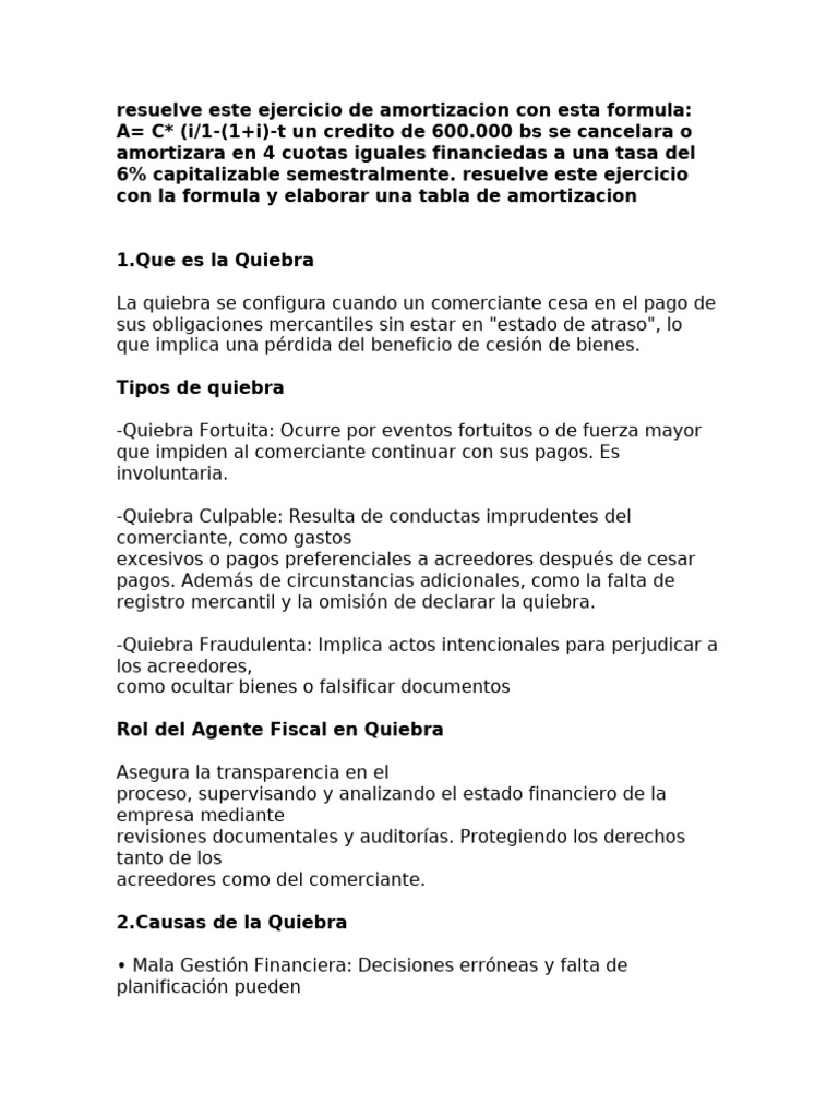 Ejercicio de Amortización y Quiebra | PDF | Bancarrota | Deuda