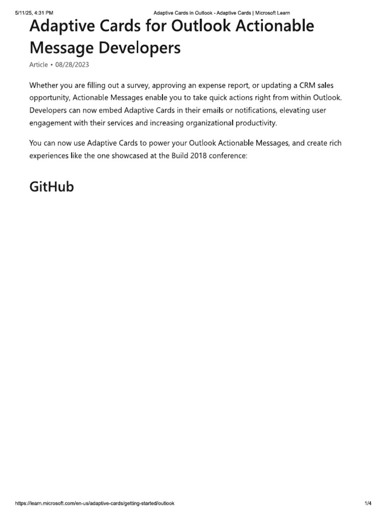 Adaptive Cards For Outlook Actionable Message Developers | PDF