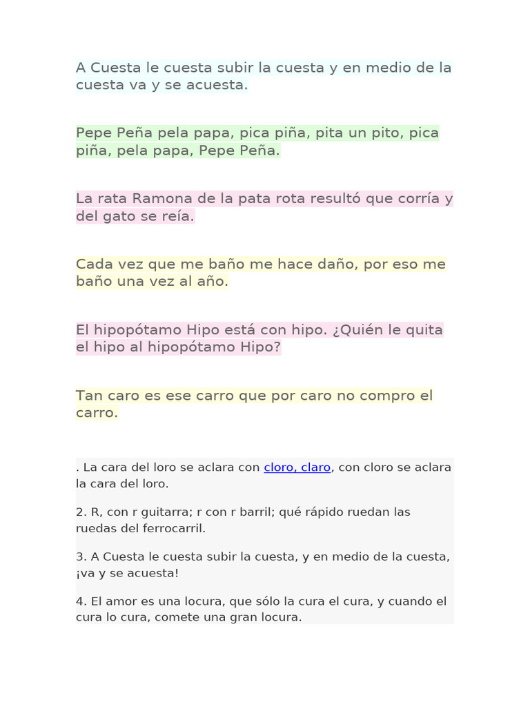 A Cuesta Le Cuesta Subir La Cuesta y en Medio de La Cuesta Va y Se Acuesta | PDF