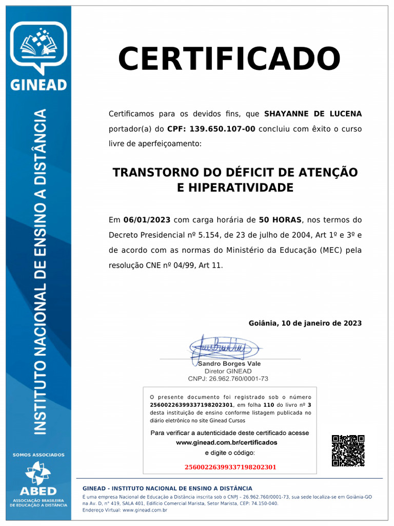 Certificado de Curso TDAH - Shayanne Lucena | PDF