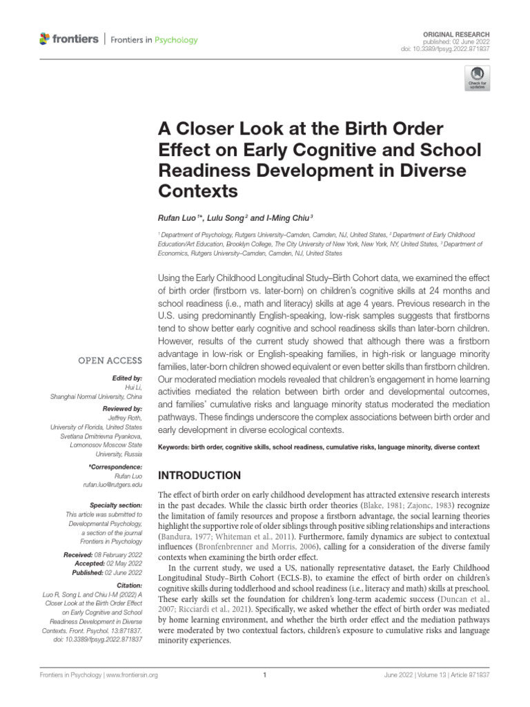 A Closer Look at The Birth Order Effect On Early Cognitive and School ...
