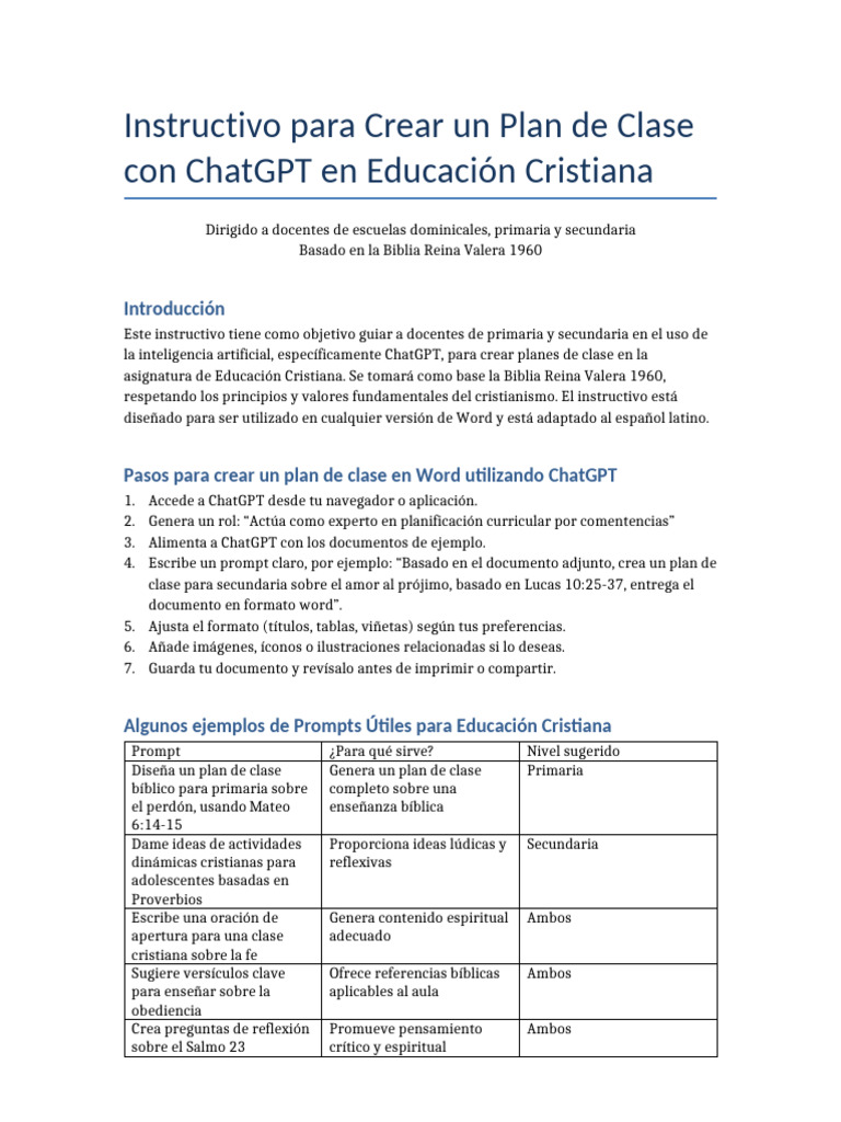 Instructivo_Plan_Clase_ChatGPT_Educacion_Cristiana | PDF | Biblia | Educación Secundaria