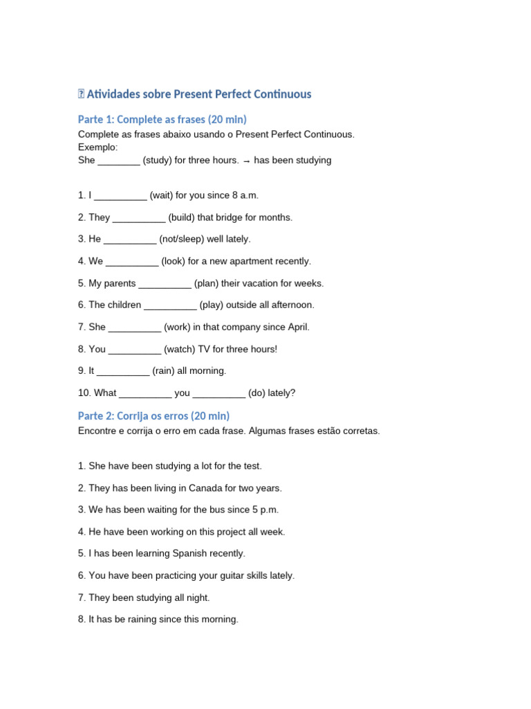 Atividades Present Perfect Continuous | PDF