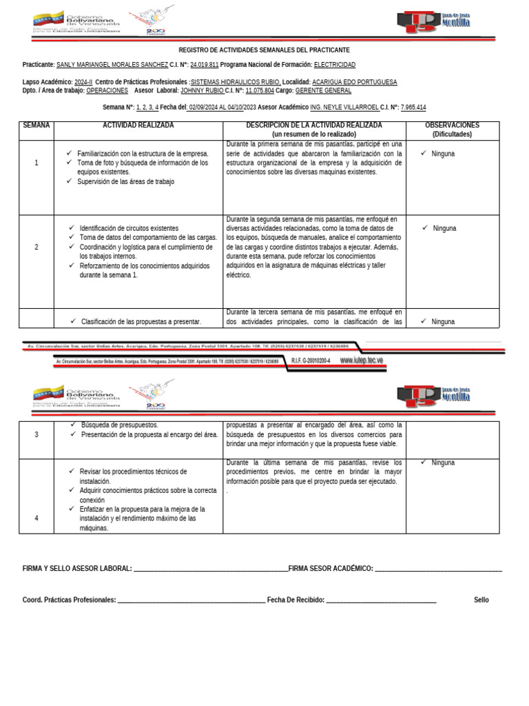 P-2 LISTA Reg Act. Semanales Del Pract. | PDF