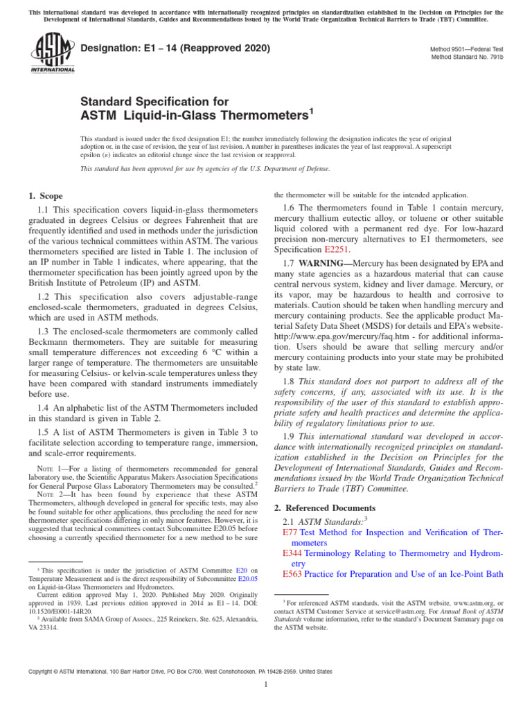 ASTM E1 14 (Reapproved 2020) | PDF | Thermometer | Temperature