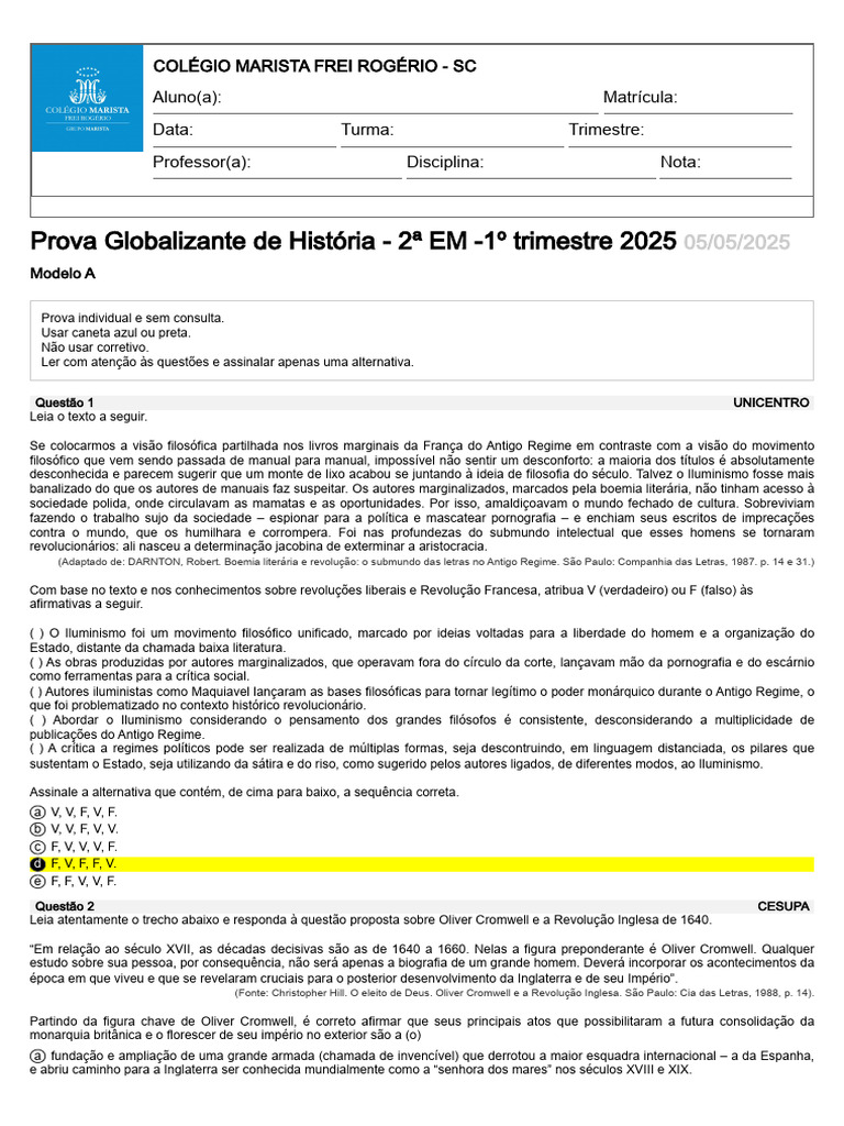 Prova Globalizante 2º Ano | PDF | Iluminismo | Inglaterra