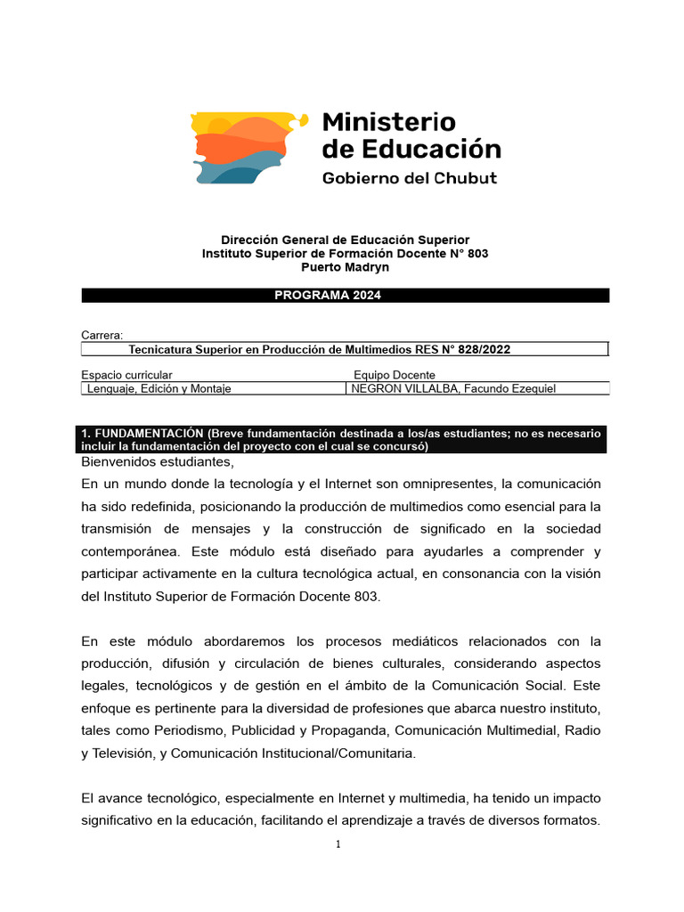Tec. Sup. en Prod. de Multimedios Lenguaje Edicion y Montaje Audiovisual Negron Facundo Negron ...