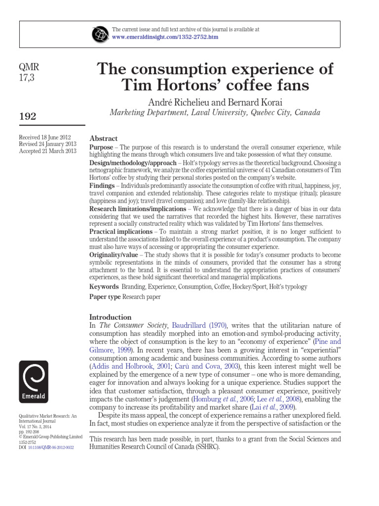 Tim Hortons Consumption Research | PDF | Brand | Experience