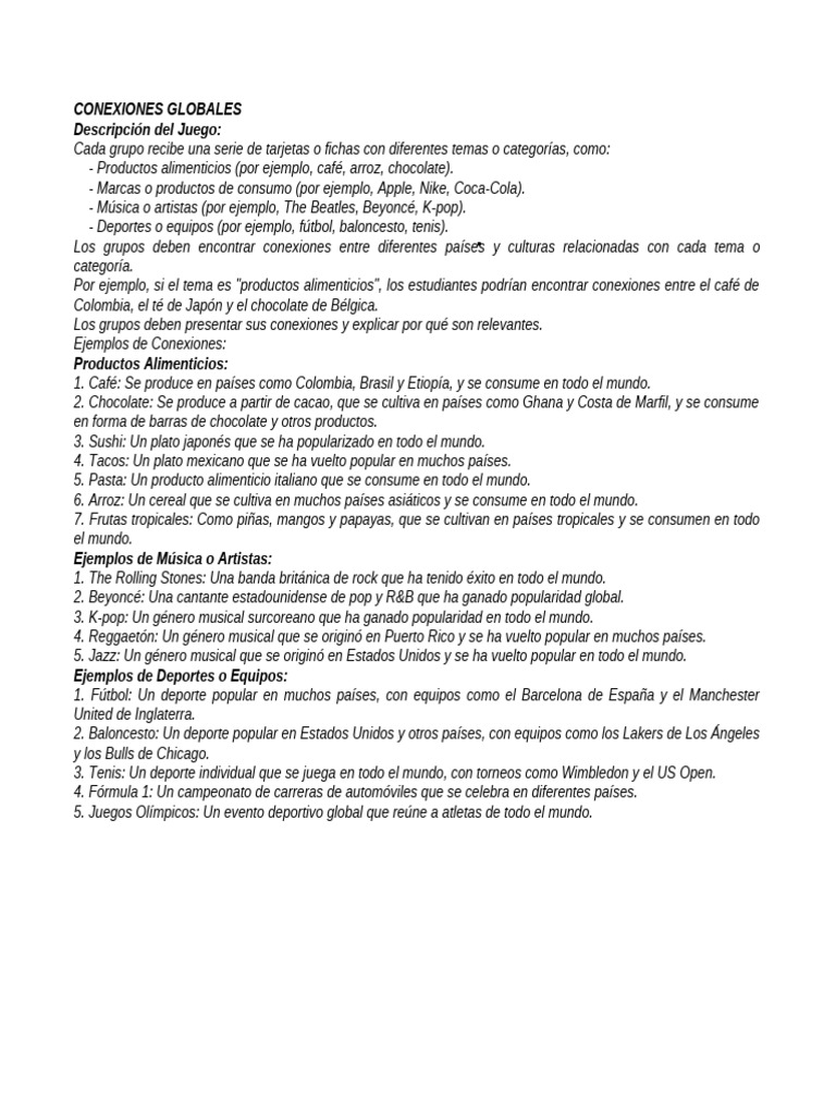 Explicación Juego Conexiones Globales | PDF | Chocolate