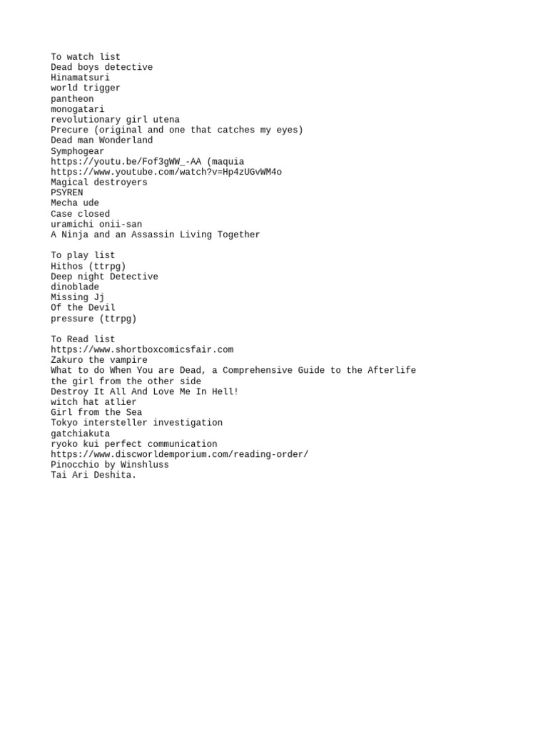 To Watch List To Play List To Read List | PDF