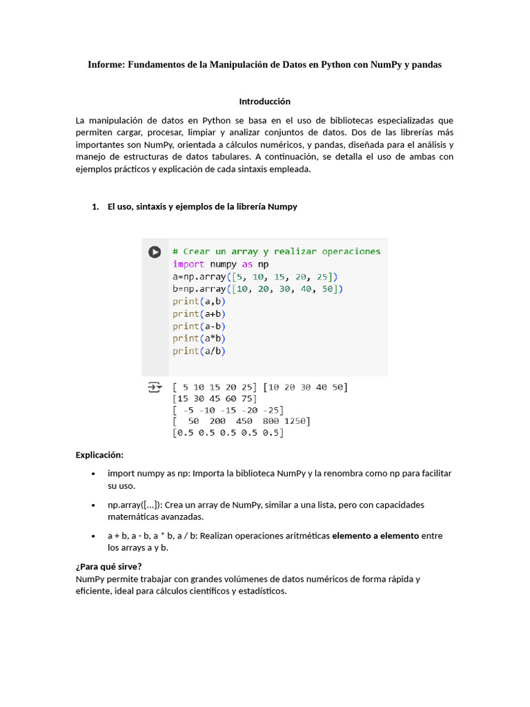 Informe Fundamentos de La Manipulación de Datos en Python Con NumPy y Pandas | PDF | Python ...