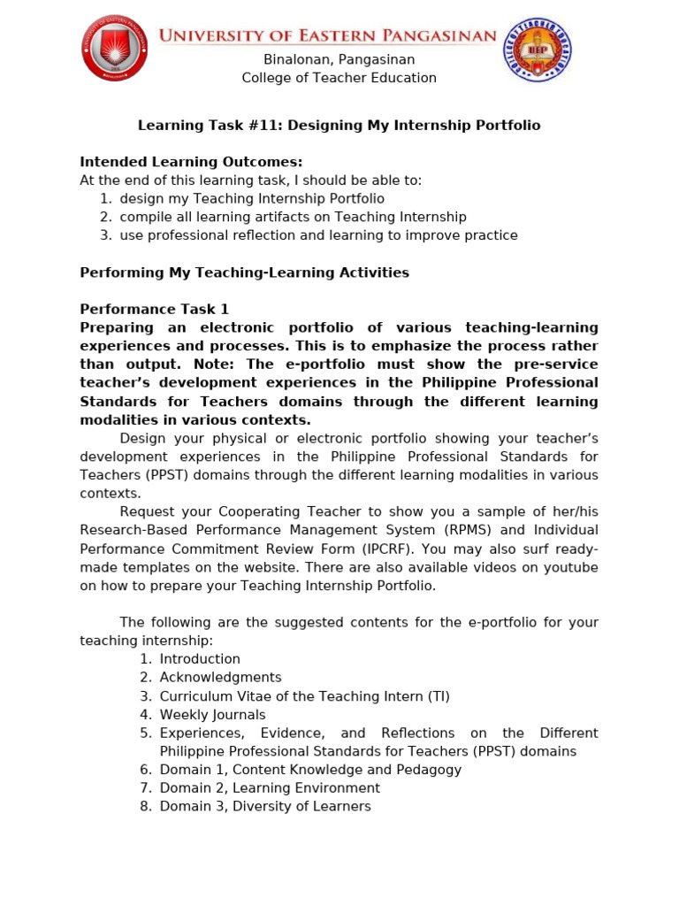 Teaching Internship Portfolio Guide | PDF | Learning | Teacher Education