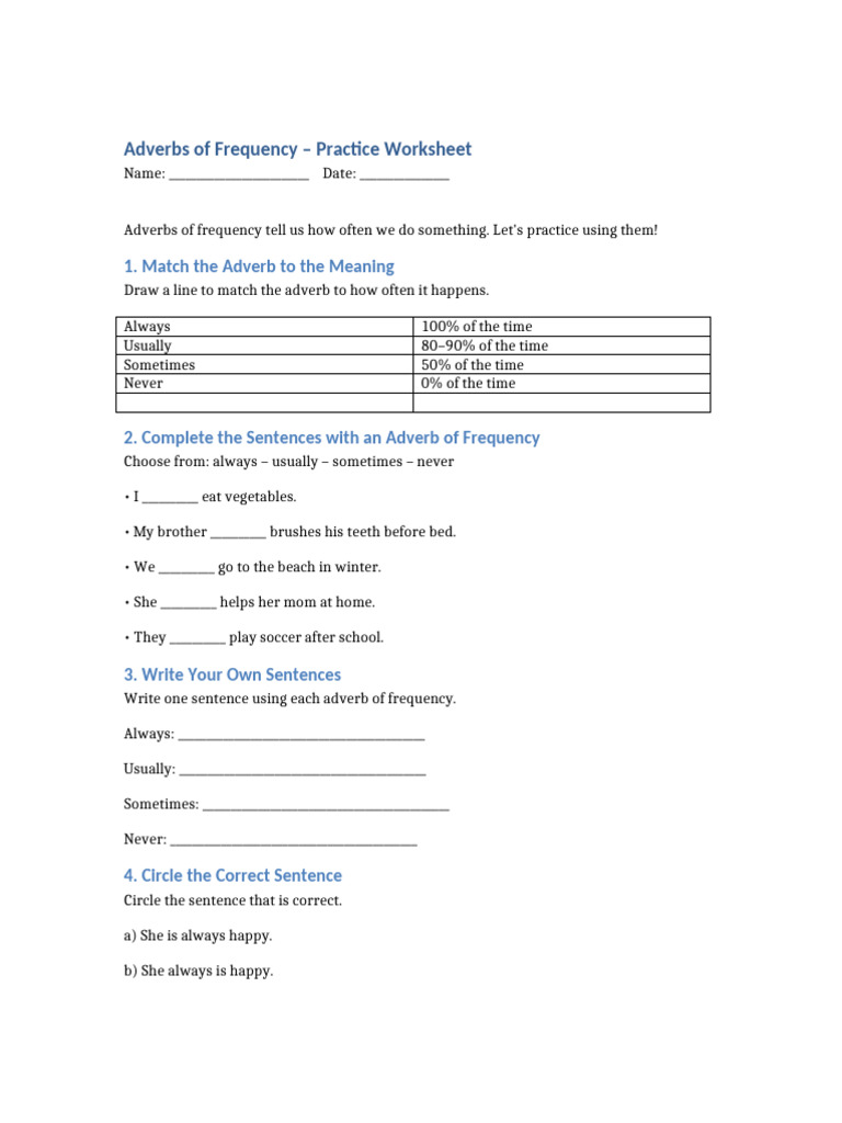 Adverbs of Frequency Practice Worksheet | PDF
