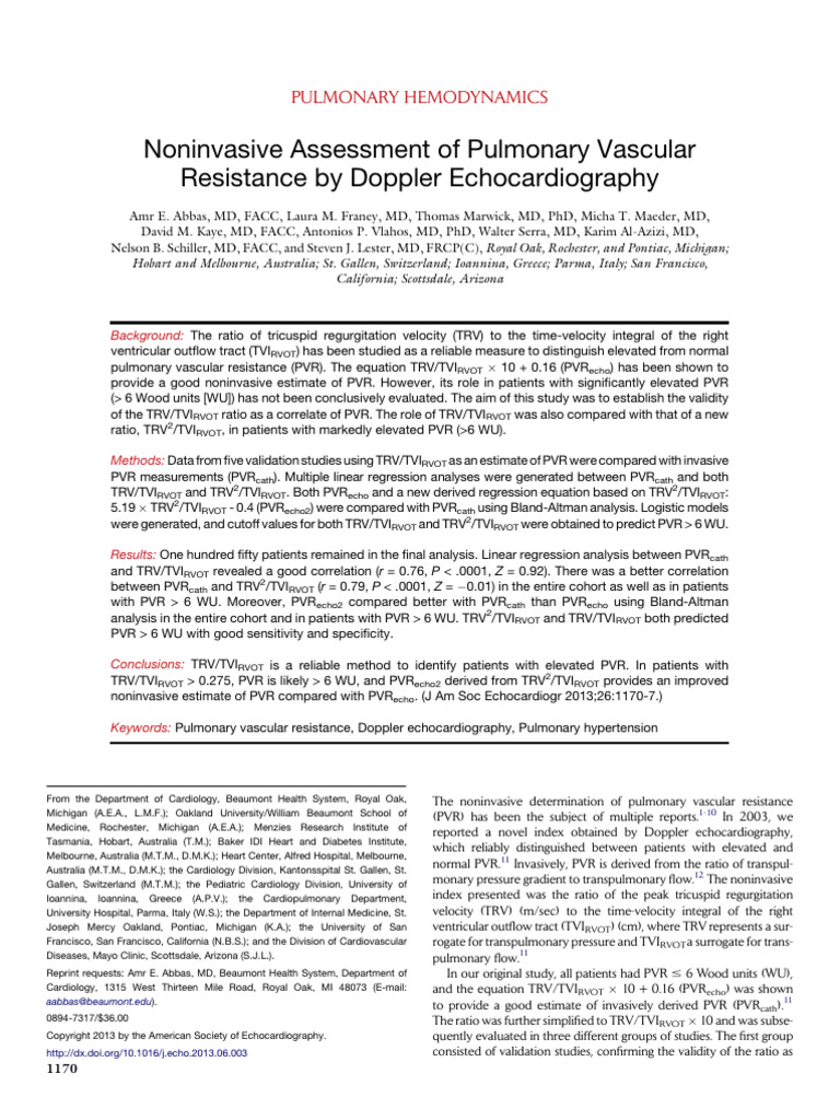Noninvasive assessment PVR by Doppler Lester JASE 2013 | PDF | Receiver ...