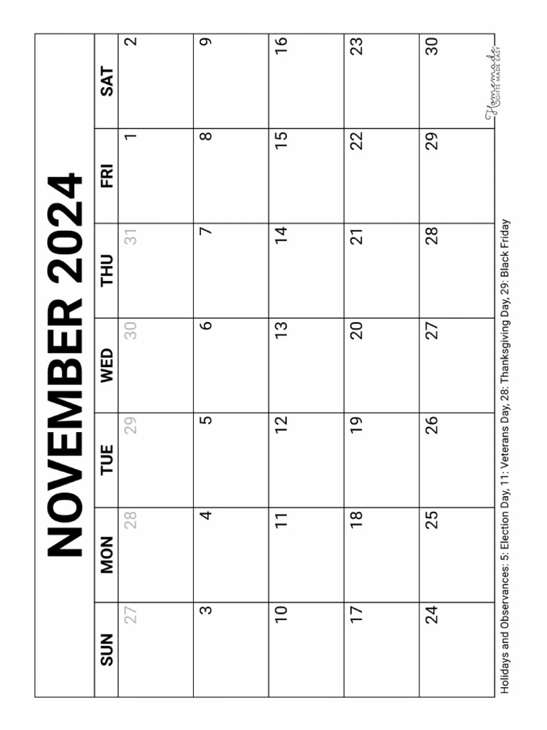 November Calendar 2024 Printable Blank | PDF