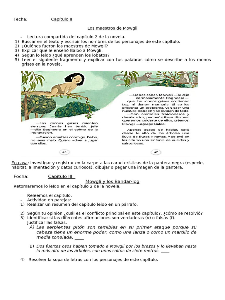 Actividades sobre Mowgli: Capítulos 2-4 | PDF | Mowgli | Shere Khan