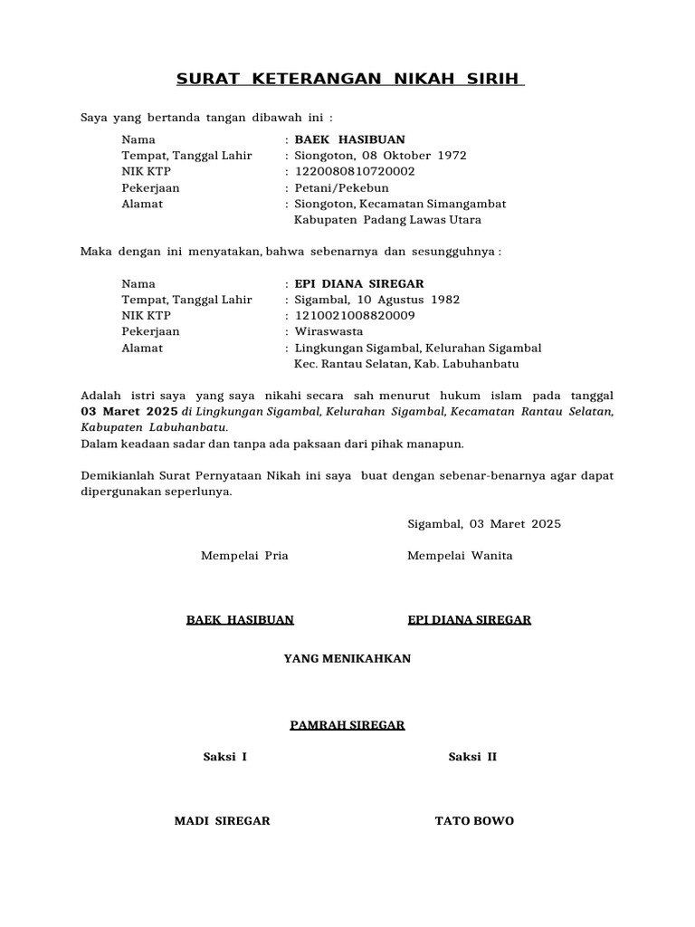 Surat Keterangan Nikah Sirih | PDF