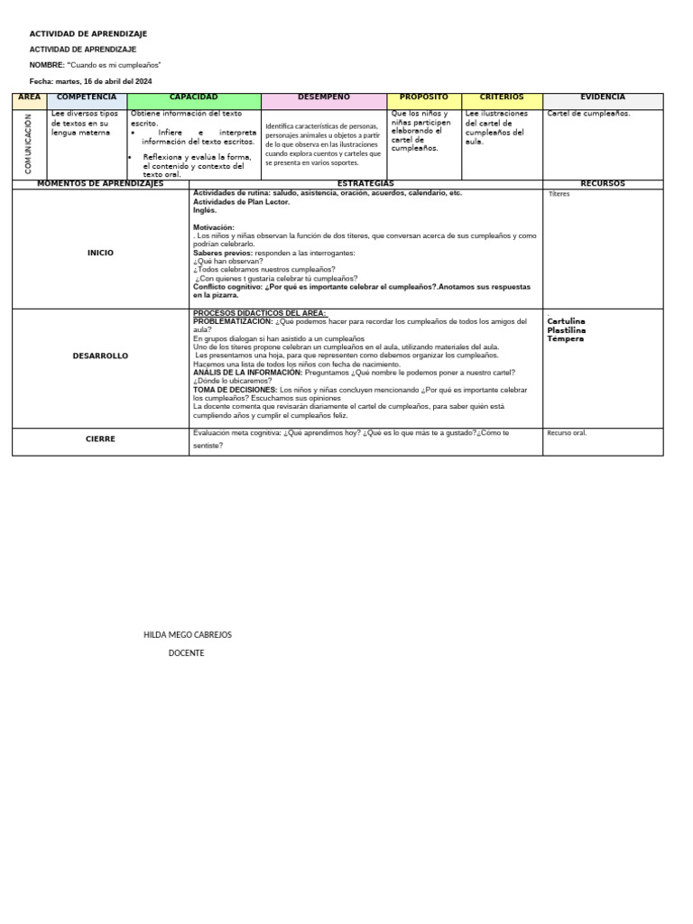 Actividad de Cumpleaños en el Aula | PDF | Aprendizaje | Salón de clases