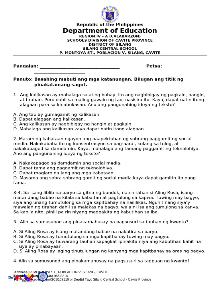 Filipino Pre Test | PDF