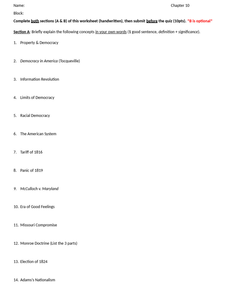 CH10 Worksheet | PDF